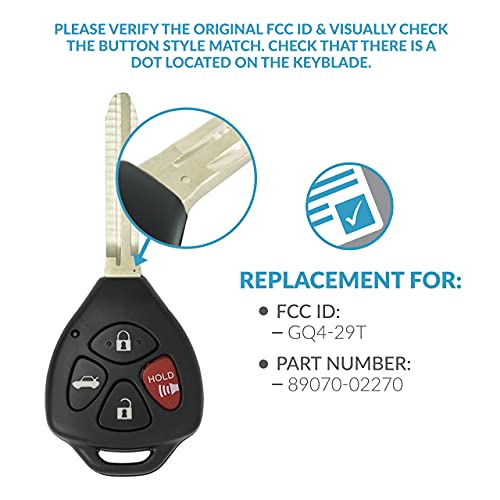 Keyless2Go Replacement for New Keyless Entry Remote Car Key for Select Toyota Avalon Corolla Vehicles That Use GQ4-29T with 4D67 Chip