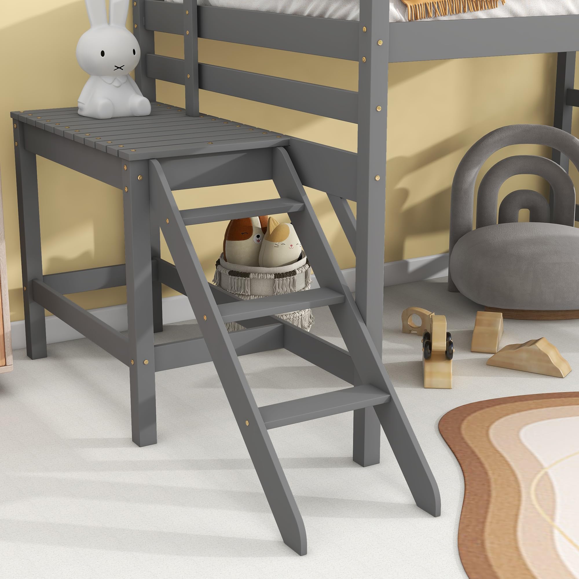 HZHOME Full Loft Bed with Platform and Ladder, Wood Low Loft Bed for Kids, Junior Loft Bed Full Size with Spacious Underneath Space for Children Girls Boys Bedroom,No Box Spring Needed, Grey