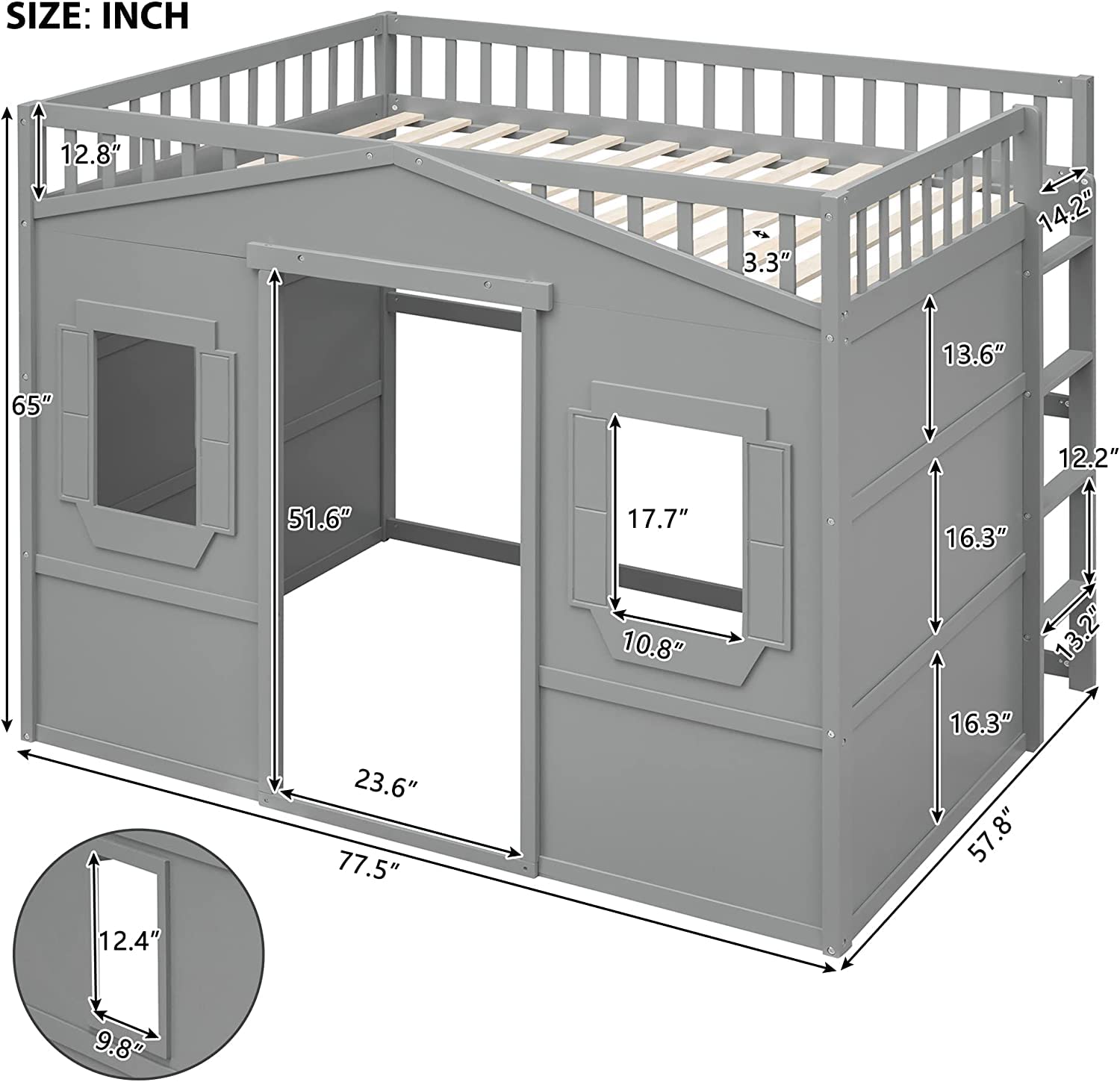 DNYN Full Size House Loft Bed for Kids Bedroom,Solid Wood Bedframe with Ladder & Safety Guardrail,Underneath Play-House Design & No Box Spring Needed,Easy Assembly,77.5" x 57.8" x 65", Gray