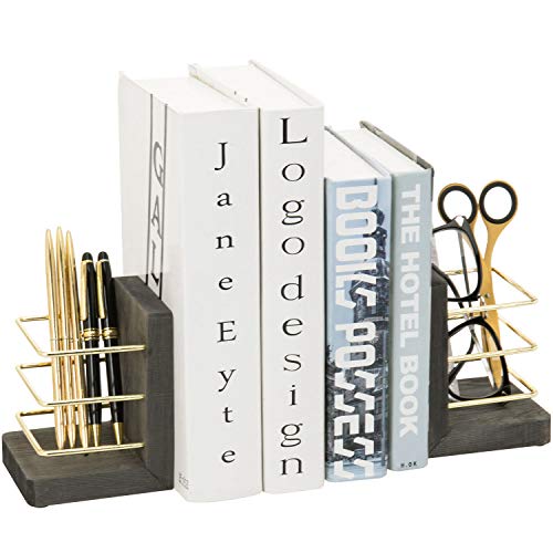MyGift Vintage Gray Solid Wood Decorative Bookends for Shelves with Brass Metal Wire Pencil Holder Stationary Organizer Slots, 1 Pair