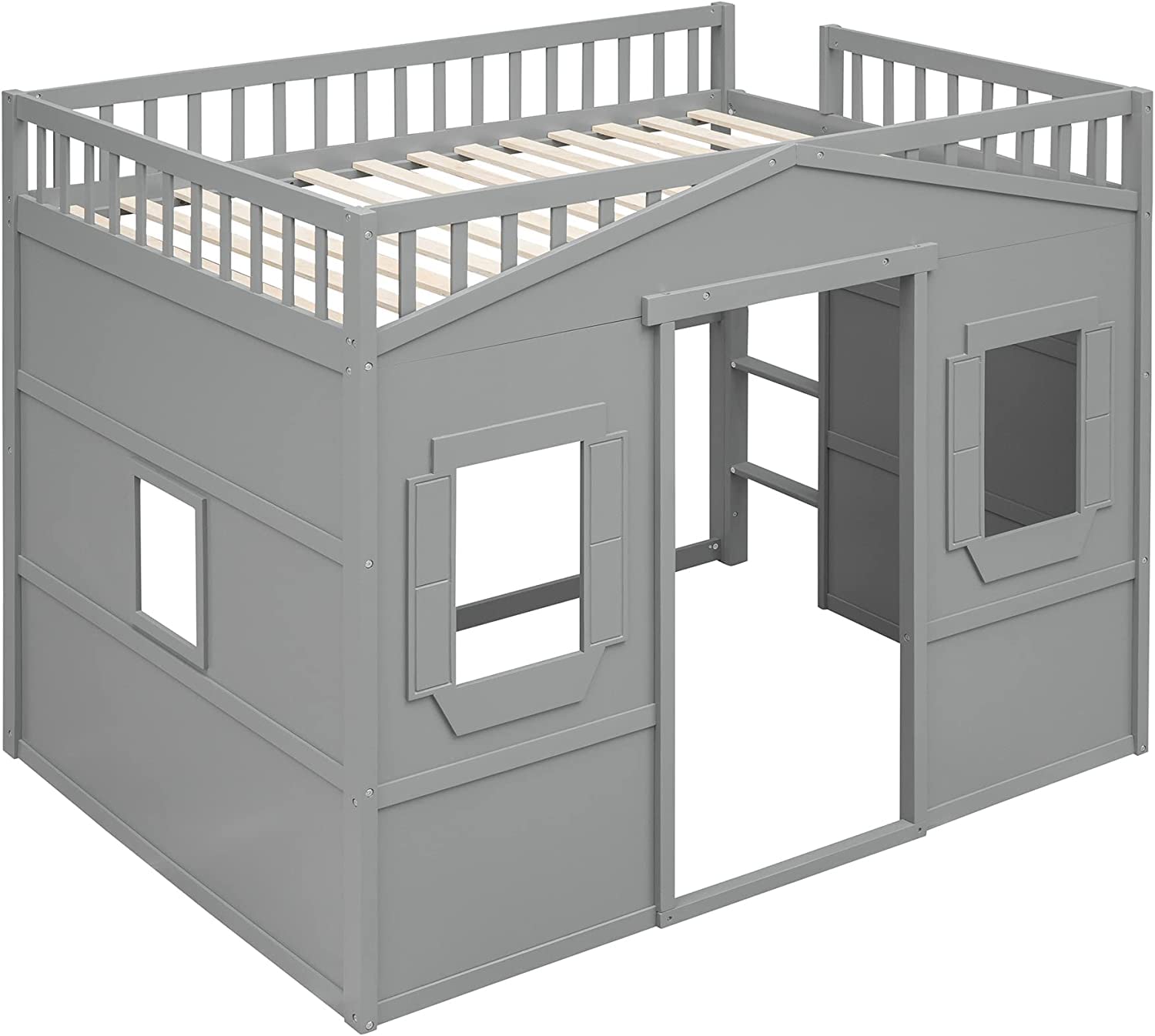 DNYN Full Size House Loft Bed for Kids Bedroom,Solid Wood Bedframe with Ladder & Safety Guardrail,Underneath Play-House Design & No Box Spring Needed,Easy Assembly,77.5" x 57.8" x 65", Gray