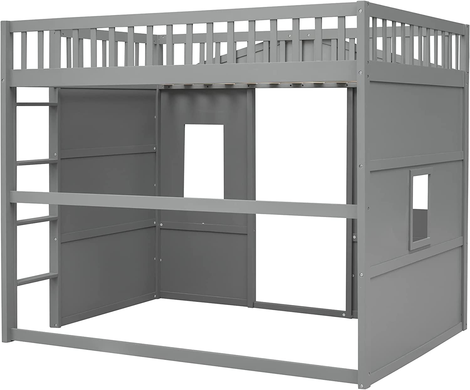 DNYN Full Size House Loft Bed for Kids Bedroom,Solid Wood Bedframe with Ladder & Safety Guardrail,Underneath Play-House Design & No Box Spring Needed,Easy Assembly,77.5" x 57.8" x 65", Gray