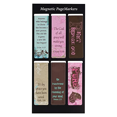 Christian Art Gifts Set of 6 Vintage Floral Grace Inspirational Magnetic Bible Verse Bookmark with Scripture, Size Regular 2.3" X .75"