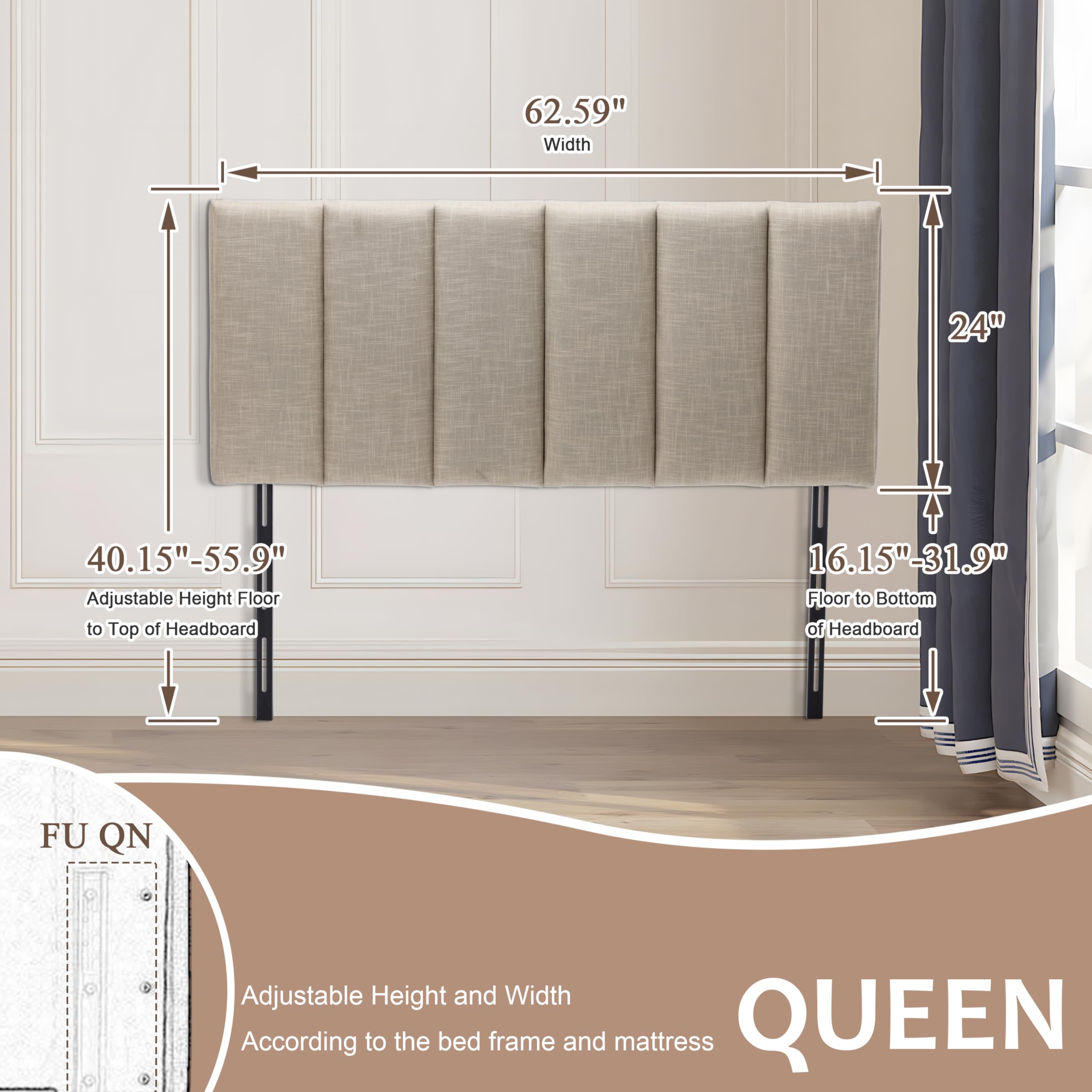 HAOBO Home Upholstered Headboards Foldable Queen/Full Linen Panels with Height Adjustments