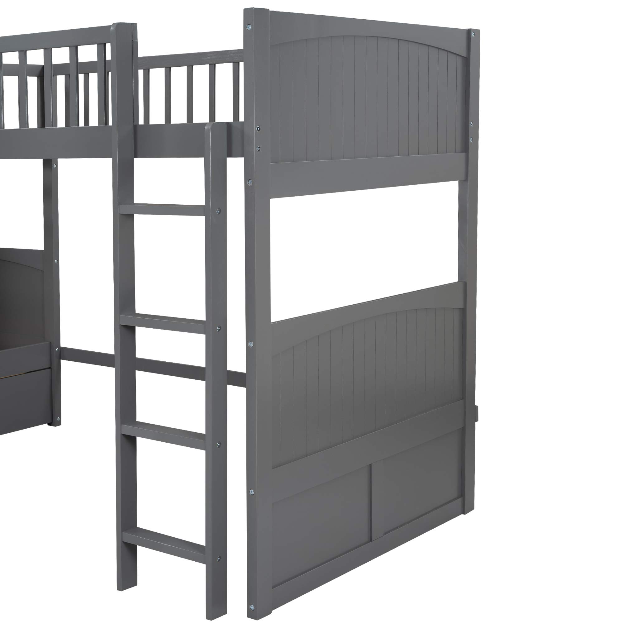 GLORHOME Twin-Over-Twin Triple Bed Wooden L-Shaped Bunk Bed with Ladders and 2 Storage Drawers, Space Saving Bedroom Furniture for Kids Teens