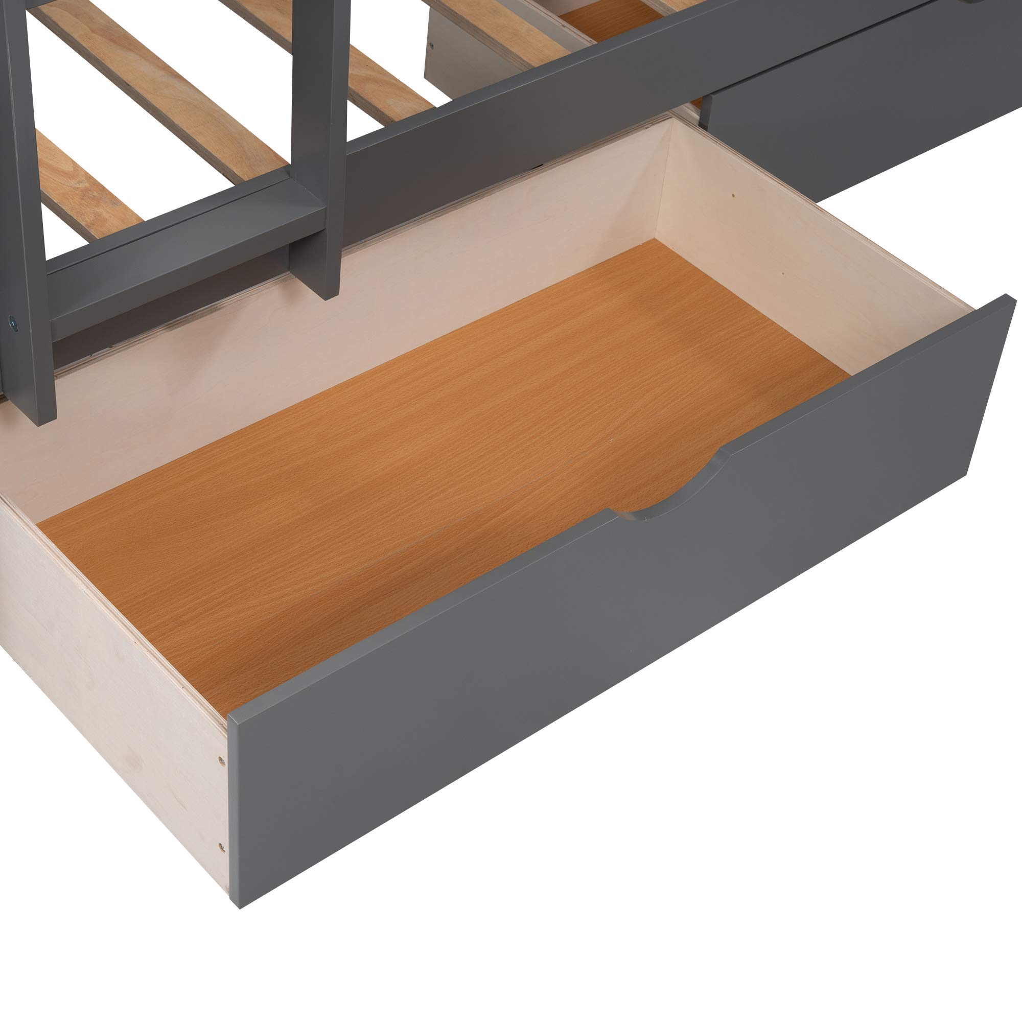 GLORHOME Twin-Over-Twin Triple Bed Wooden L-Shaped Bunk Bed with Ladders and 2 Storage Drawers, Space Saving Bedroom Furniture for Kids Teens