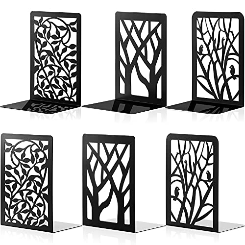 3 Pairs Metal Bookends for Shelves Decorative Tree Book Holder Leaf Bookends Geometrical Art Design Book Stopper for Book Divider Decorative Holder, Home, Office, School Supplies (Black, Tree Shadows)
