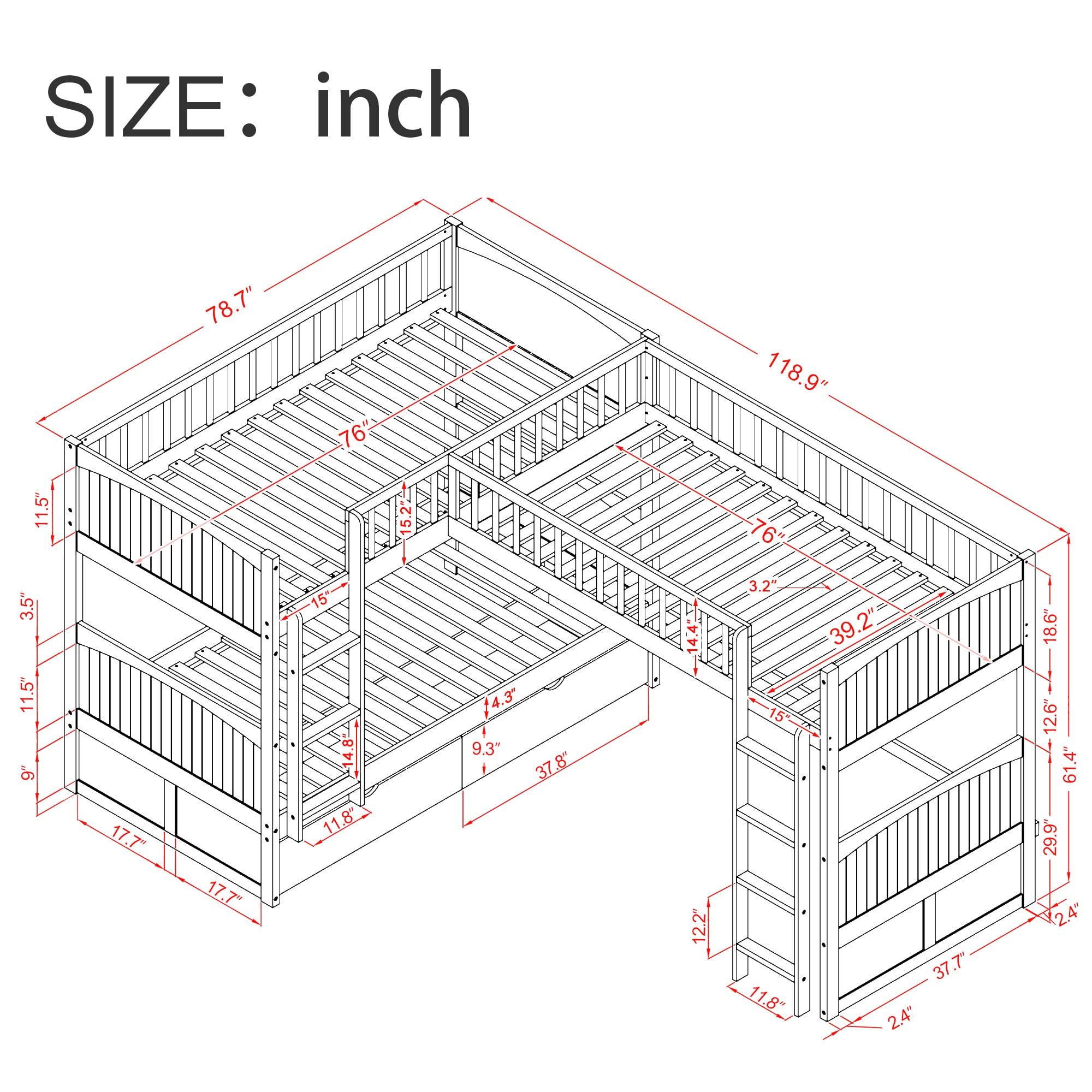 GLORHOME Twin-Over-Twin Triple Bed Wooden L-Shaped Bunk Bed with Ladders and 2 Storage Drawers, Space Saving Bedroom Furniture for Kids Teens