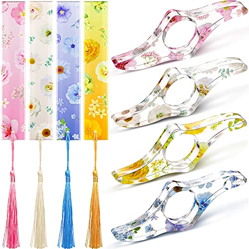 8 Pieces Flower Acrylic Bookmarks Book Page Holder Floral Bookmarks with Colorful Tassels Thumb Ring Page Holder Transparent Page Holders for Reading Students Teachers Book Lovers Women