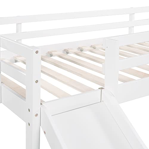 HBRR Twin Loft Bed with Slide for Kids Teens, Wood Loft Bed Frame w/Ladder, Guardrail and Chalkboard, Space-Saving, No Box Spring Needed, White