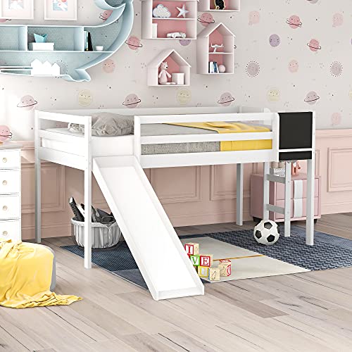 HBRR Twin Loft Bed with Slide for Kids Teens, Wood Loft Bed Frame w/Ladder, Guardrail and Chalkboard, Space-Saving, No Box Spring Needed, White