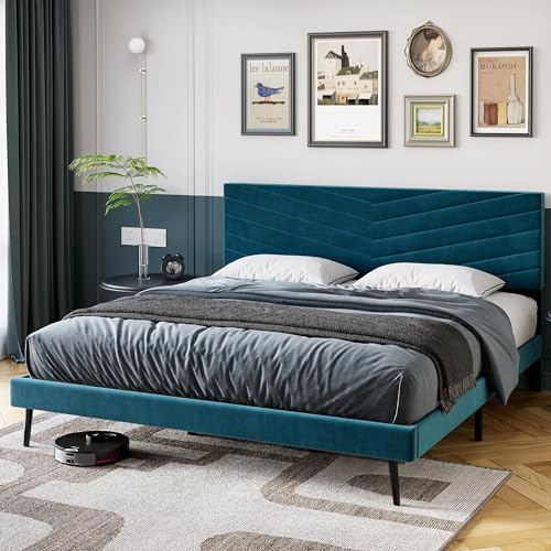 Homhougo Queen Size Bed Frame with Adjustable Headboard, Velvet Upholstered Platform Bed with Solid Wood Slats Support, No Box Spring Needed, Noise-Free, Green