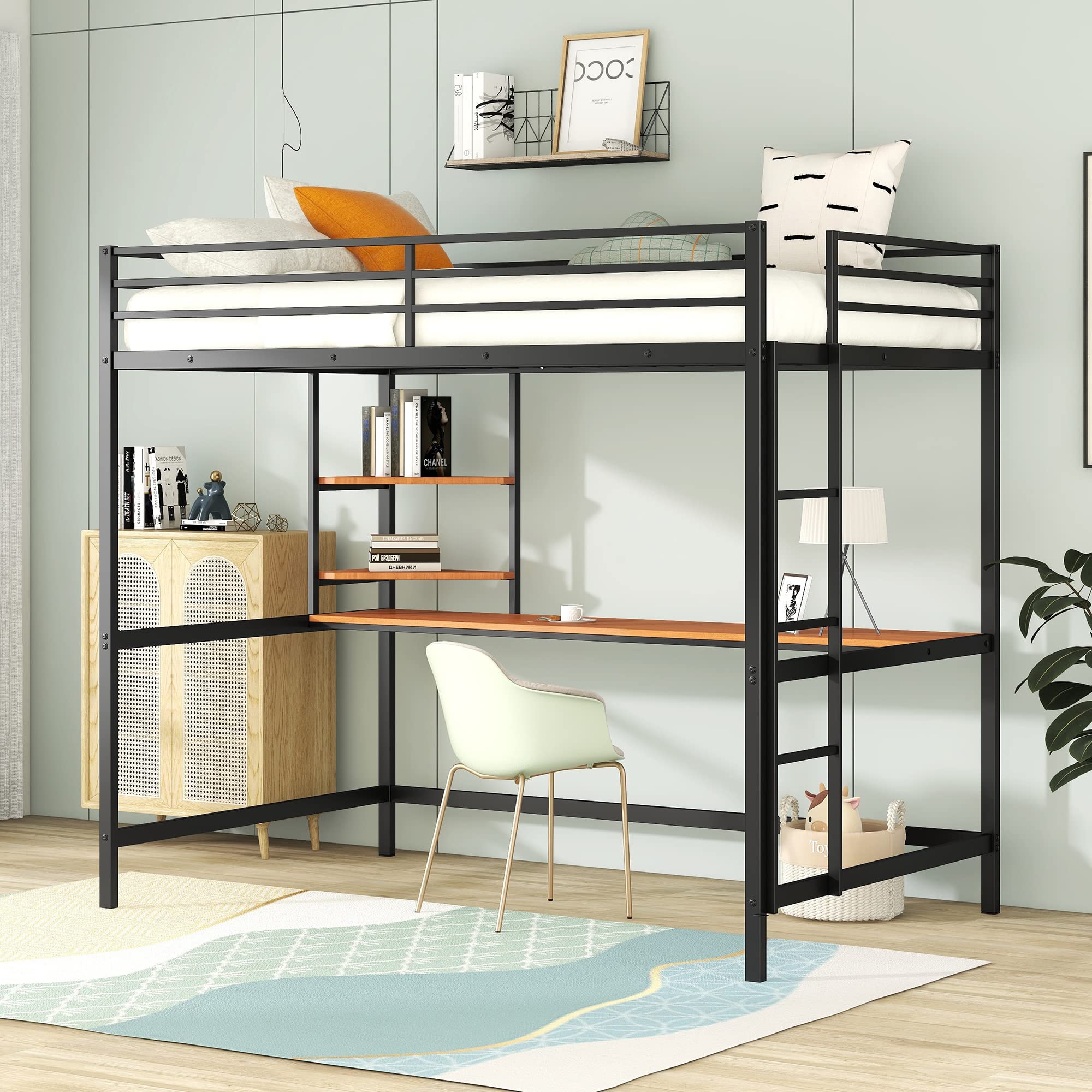 GLORHOME Full Size Metal Loft Bed with Desk, Modern Style and Safety Features for Kids and Teens, Turn Any Space into a Workstation or Lounge Area,Black