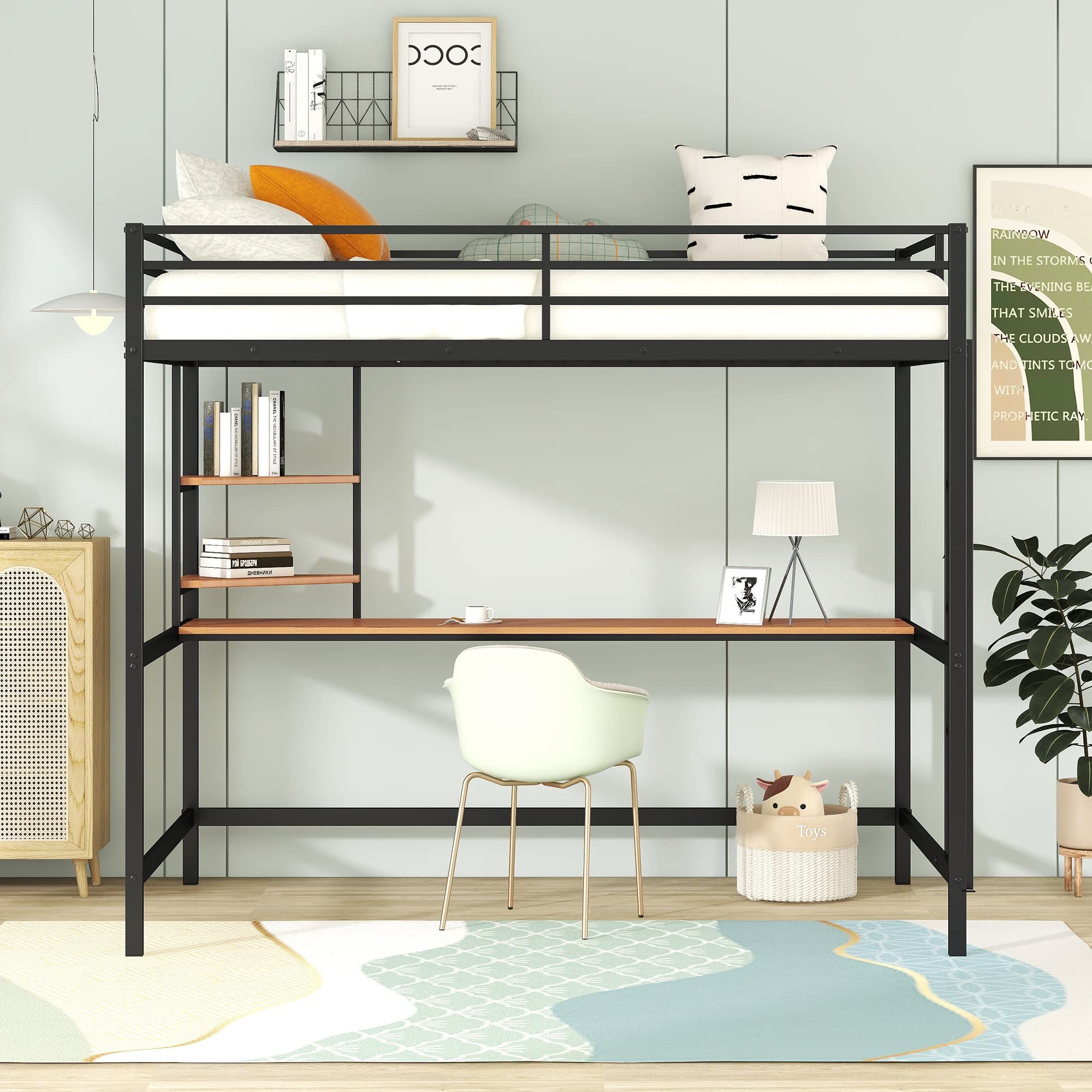 GLORHOME Full Size Metal Loft Bed with Desk, Modern Style and Safety Features for Kids and Teens, Turn Any Space into a Workstation or Lounge Area,Black