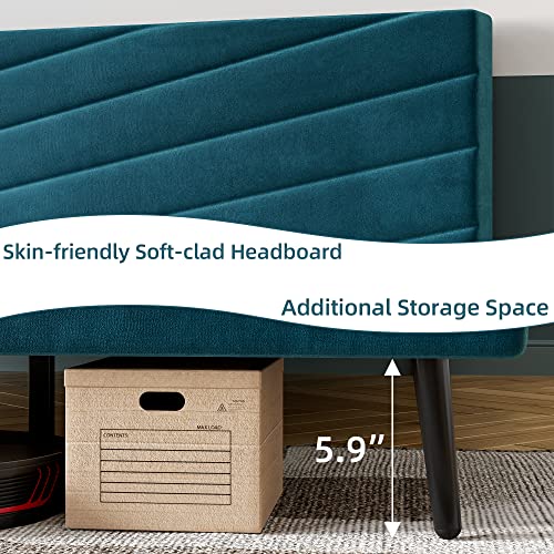 Homhougo Queen Size Bed Frame with Adjustable Headboard, Velvet Upholstered Platform Bed with Solid Wood Slats Support, No Box Spring Needed, Noise-Free, Green