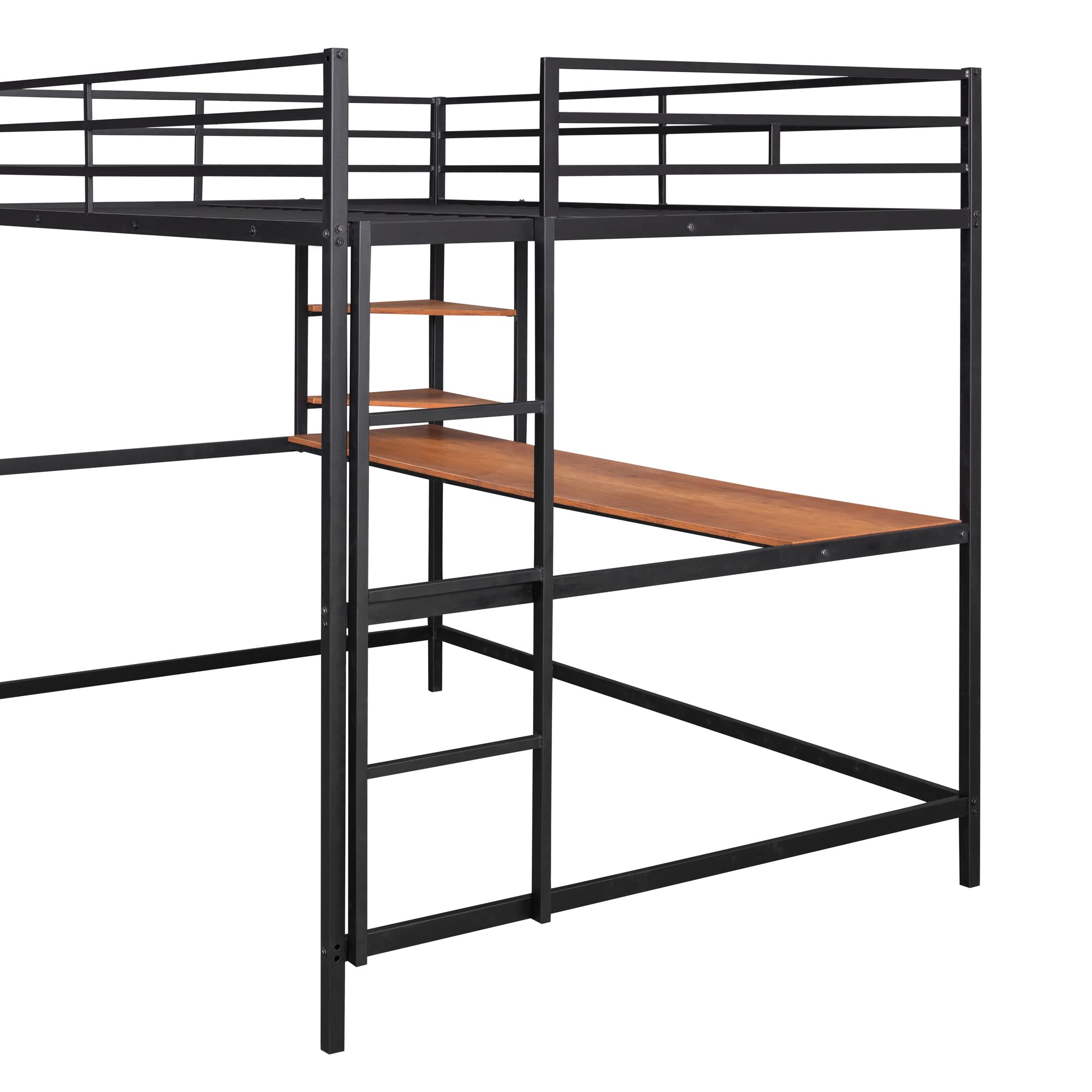 GLORHOME Full Size Metal Loft Bed with Desk, Modern Style and Safety Features for Kids and Teens, Turn Any Space into a Workstation or Lounge Area,Black
