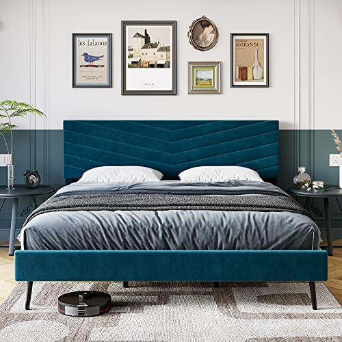 Homhougo Queen Size Bed Frame with Adjustable Headboard, Velvet Upholstered Platform Bed with Solid Wood Slats Support, No Box Spring Needed, Noise-Free, Green