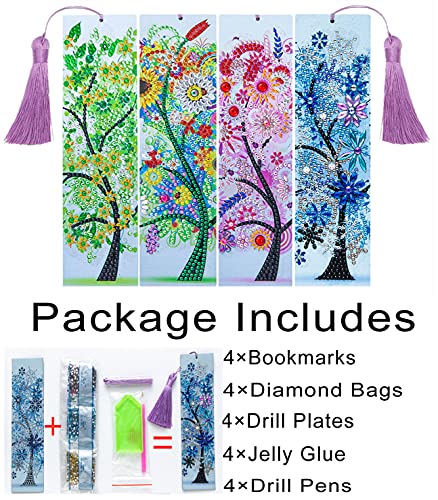 4 Pack 5D Diamond Painting Bookmarks Beautiful Four Seasons Trees Leather Tassel Bookmark with Diamond Painting Kits for Adults and Kids,8.3x2.4 Inch