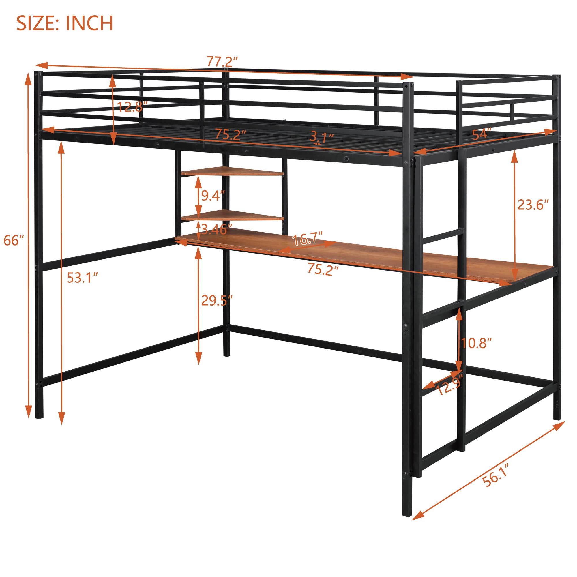 GLORHOME Full Size Metal Loft Bed with Desk, Modern Style and Safety Features for Kids and Teens, Turn Any Space into a Workstation or Lounge Area,Black