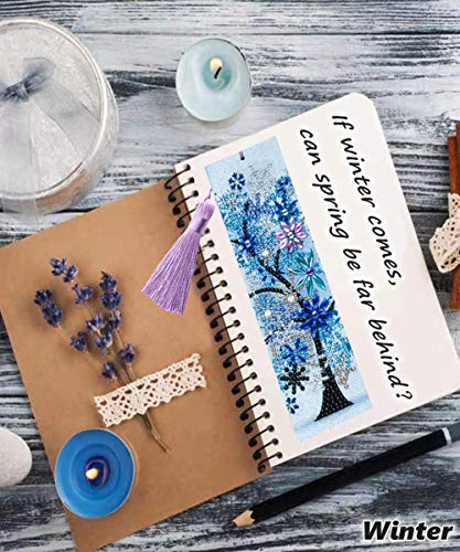 4 Pack 5D Diamond Painting Bookmarks Beautiful Four Seasons Trees Leather Tassel Bookmark with Diamond Painting Kits for Adults and Kids,8.3x2.4 Inch