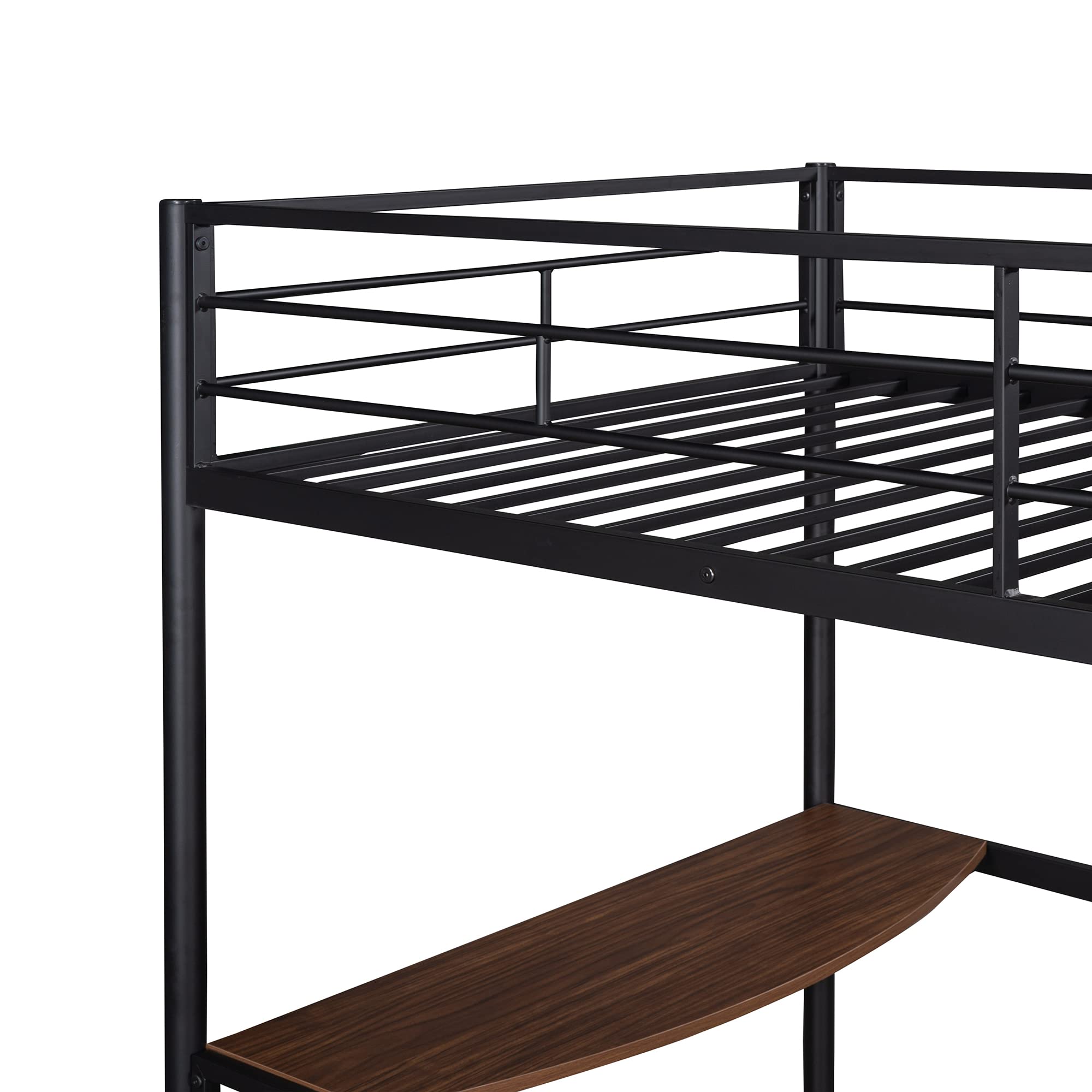 BOVZA Metal Loft Bed Twin Size with Desk, Ladder and Guardrails, for Kids Teens Adults, Black