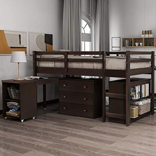 DEYOBED Twin Size Wooden Loft Bed Frame with Cabinet, Rolling Portable Desk and Storage Shelves for Kids Teens