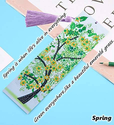 4 Pack 5D Diamond Painting Bookmarks Beautiful Four Seasons Trees Leather Tassel Bookmark with Diamond Painting Kits for Adults and Kids,8.3x2.4 Inch