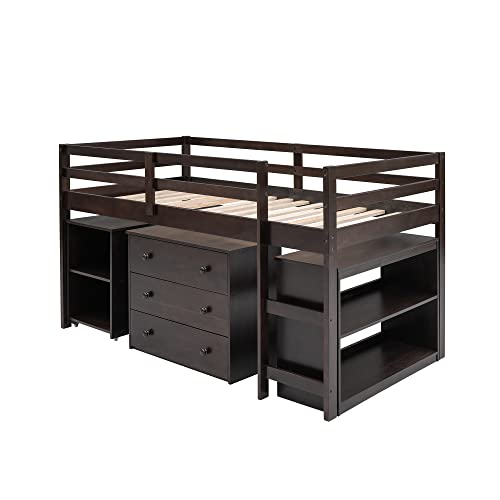 DEYOBED Twin Size Wooden Loft Bed Frame with Cabinet, Rolling Portable Desk and Storage Shelves for Kids Teens