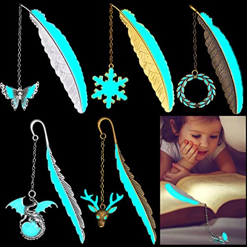 5 Pieces Vintage Metal Feather Bookmarks Glow in The Dark Bookmarks 3D Luminous Bookmark with Dragon Butterfly Pendant Cool Book Markers for Kids Students Gifts Women Men Book Lovers