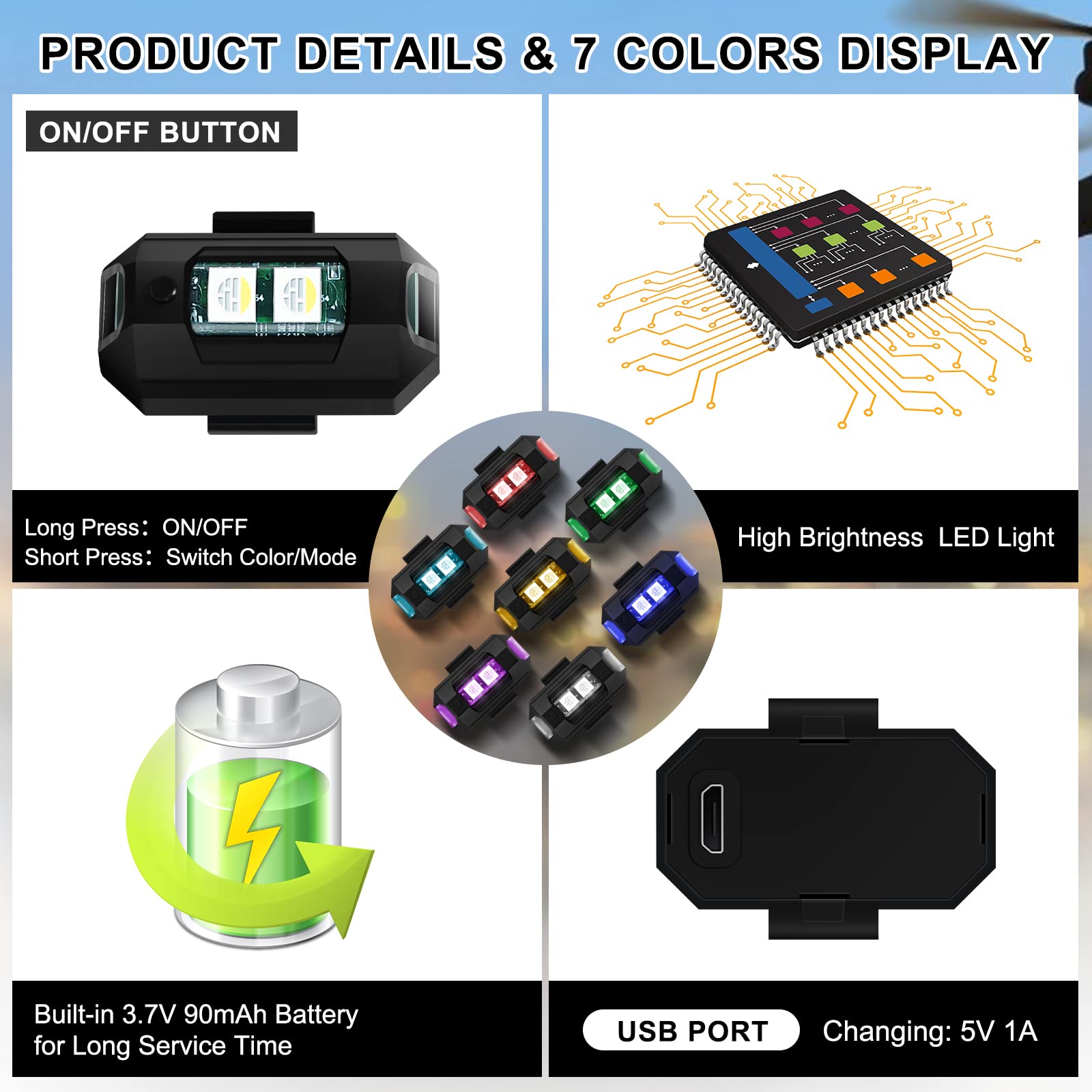 FICOLPO 4 Pcs LED Drone Strobe Light, Anti-Collision Warning Night Light for Motorcycle, Mavic Mini Drone, DJI Mini 3 pro, DJI Air 2S, Mini 2, Mavic Air 2-7 Colors Lights & USB Recharge