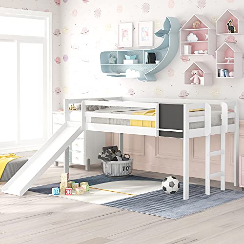 Prohon Loft Bed Twin Size with Convertible Slide, Stair and Chalkboard, Multifunctional Fun Playhouse for Kids Boys Girls, Wood Bed Frame Slat Support Mattresses Foundation,No Box Spring Needed,White