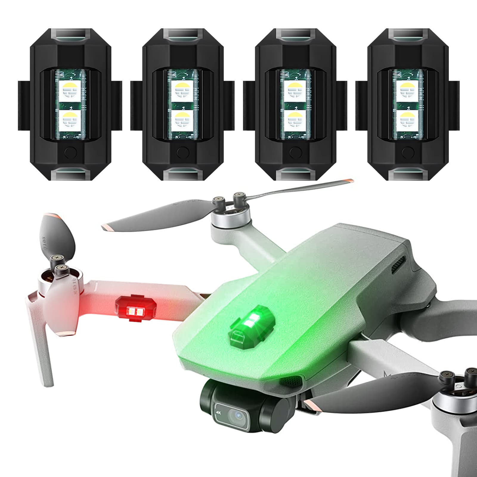 FICOLPO 4 Pcs LED Drone Strobe Light, Anti-Collision Warning Night Light for Motorcycle, Mavic Mini Drone, DJI Mini 3 pro, DJI Air 2S, Mini 2, Mavic Air 2-7 Colors Lights & USB Recharge