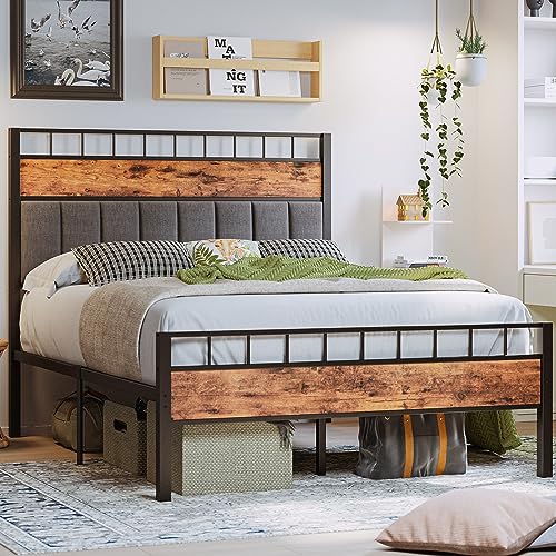 LIKIMIO Queen Bed Frame with 55 Inches upholstered high headboard, Sturdy and No Noise Platform Bed, No Box Spring Needed, Easy Assembly, Vintage Brown