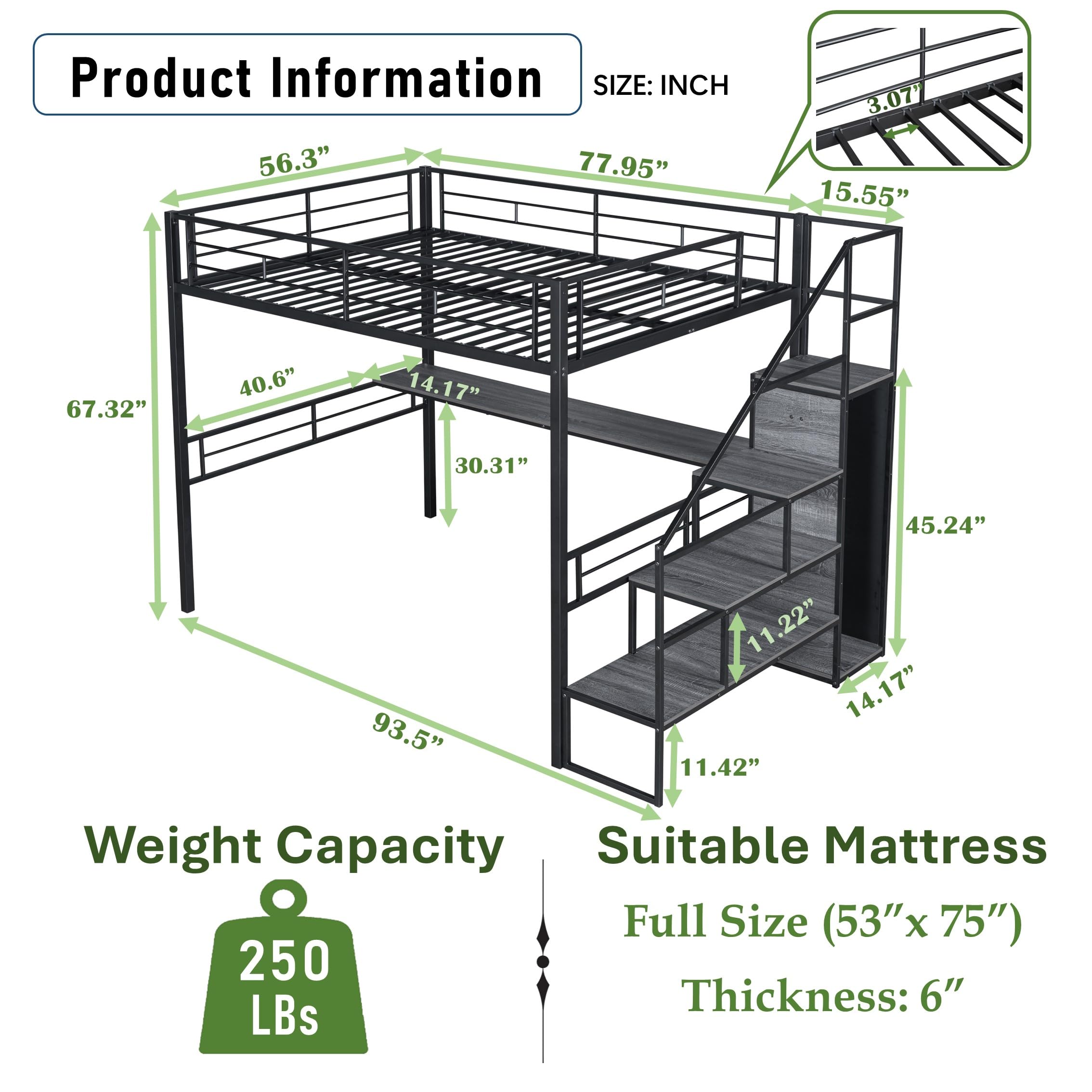 Oudiec Staircase Full Size Loft Bed with Built-in Desk & Wardrobe,Sturdy Bedframe w/Storage & Safety Guardrail,No Box Spring Needed,Perfect for Kids Bedroom,Black