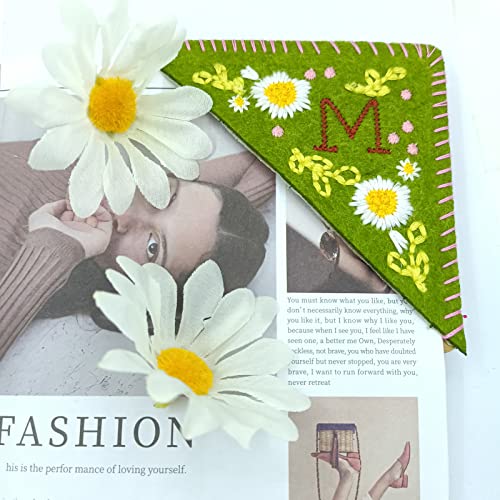Personalized Corner Bookmark for Women, Embroidery Bookmark with Letter M, Felt Triangle Bookmark, Cute Flower Book Marks for Book Lovers