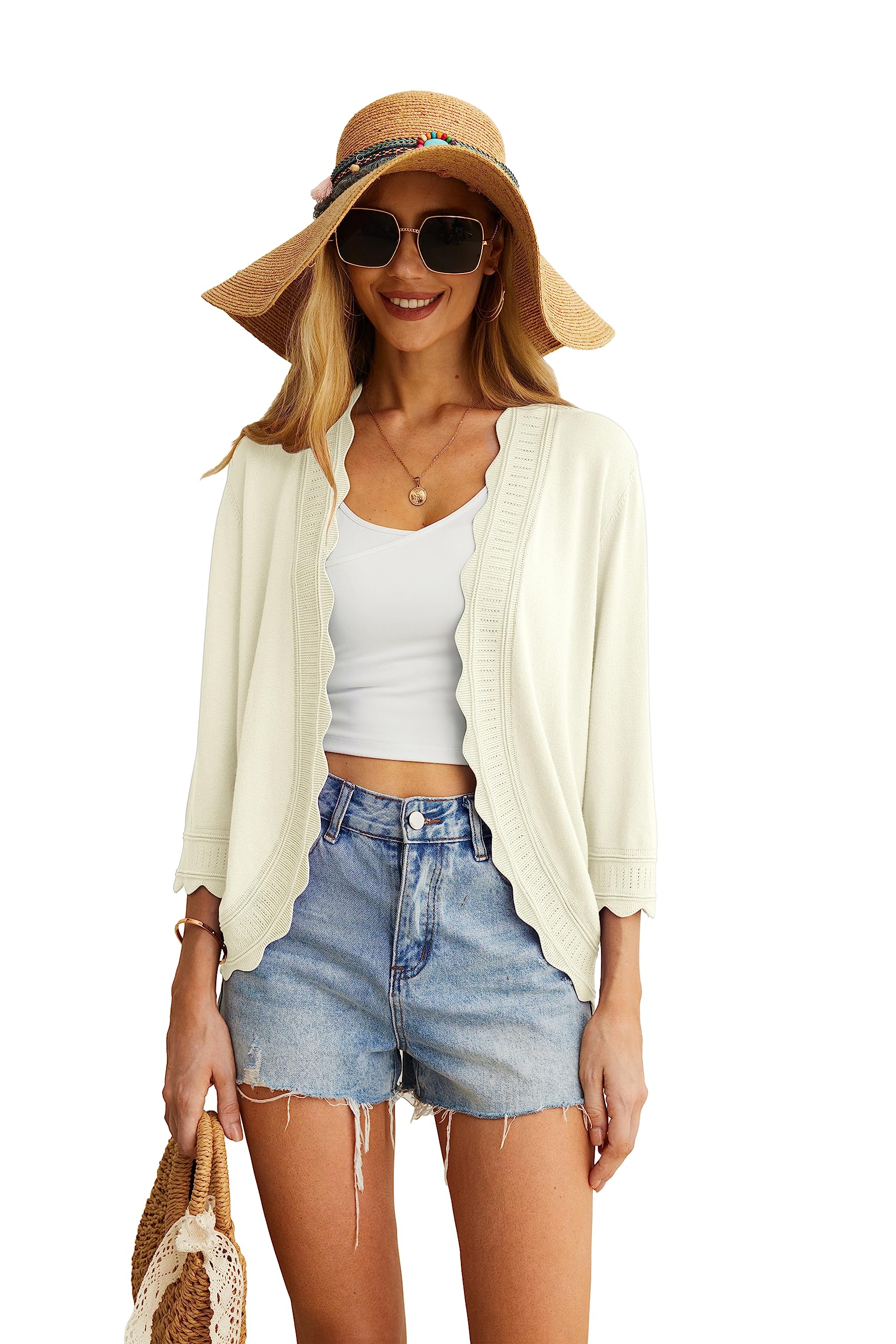 GRECERELLE Women's 3/4 Sleeve Summer Cardigan Lightweight Casual Open-Front Cropped Shrug Sweaters for Women (Apricot, L)