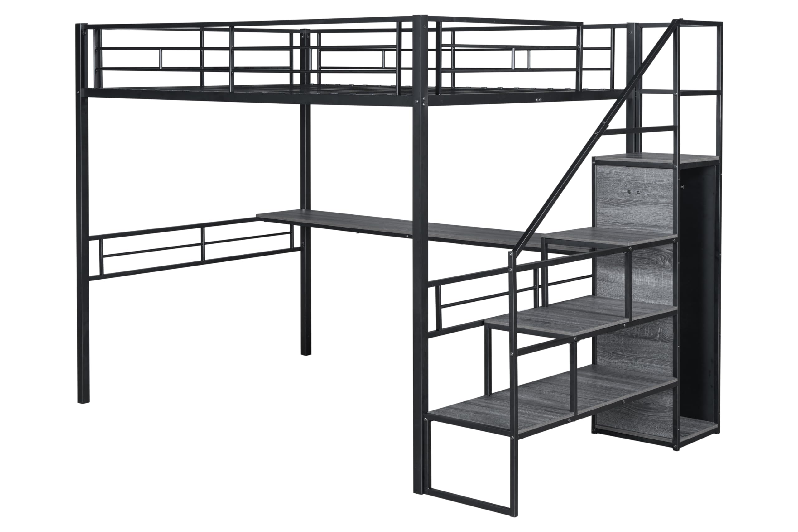 Oudiec Staircase Full Size Loft Bed with Built-in Desk & Wardrobe,Sturdy Bedframe w/Storage & Safety Guardrail,No Box Spring Needed,Perfect for Kids Bedroom,Black