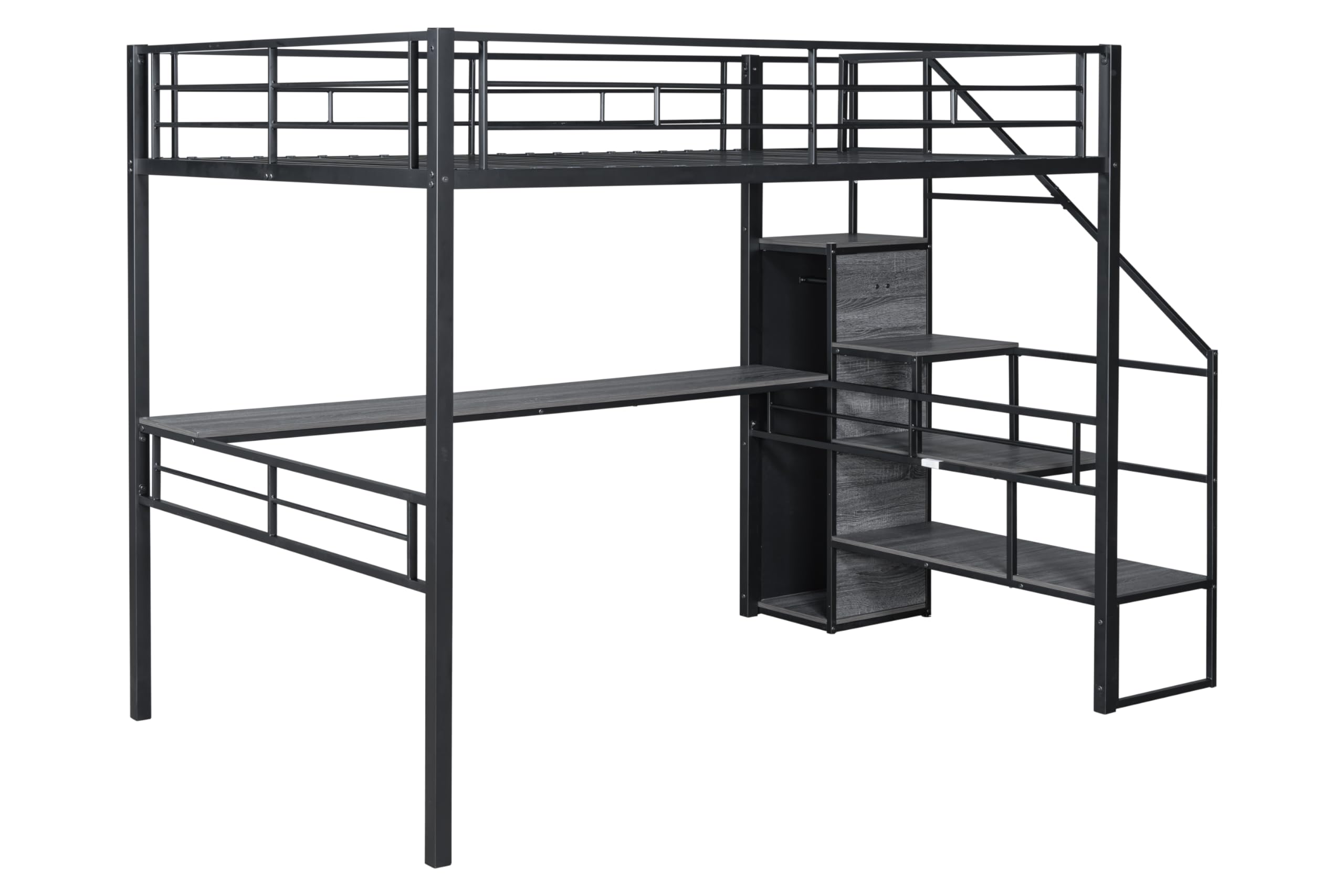 Oudiec Staircase Full Size Loft Bed with Built-in Desk & Wardrobe,Sturdy Bedframe w/Storage & Safety Guardrail,No Box Spring Needed,Perfect for Kids Bedroom,Black