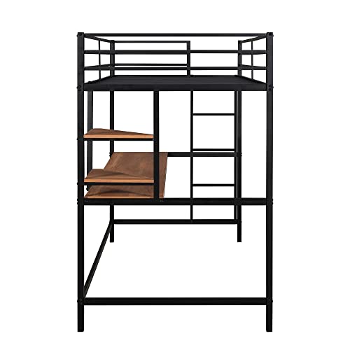 BOVZA Twin Size Metal Loft Bed with Desk and 2 Shelves, Space-Saving, Metal Bed Frame for Kids, Teens, Adults, Black