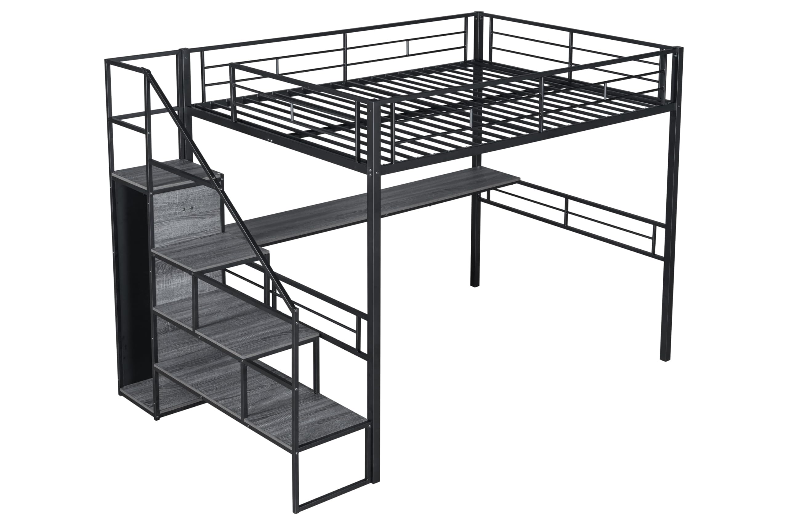 Oudiec Staircase Full Size Loft Bed with Built-in Desk & Wardrobe,Sturdy Bedframe w/Storage & Safety Guardrail,No Box Spring Needed,Perfect for Kids Bedroom,Black