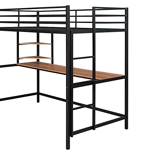 BOVZA Twin Size Metal Loft Bed with Desk and 2 Shelves, Space-Saving, Metal Bed Frame for Kids, Teens, Adults, Black