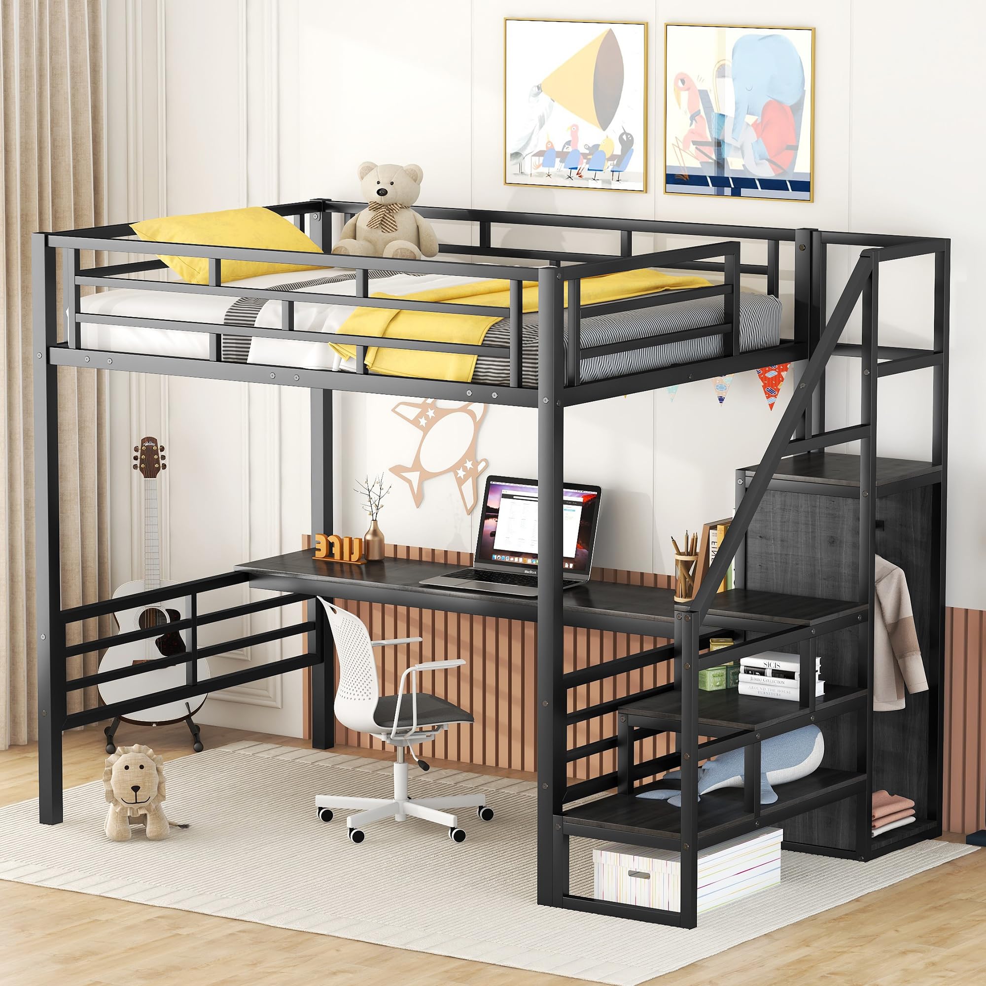 Oudiec Staircase Full Size Loft Bed with Built-in Desk & Wardrobe,Sturdy Bedframe w/Storage & Safety Guardrail,No Box Spring Needed,Perfect for Kids Bedroom,Black