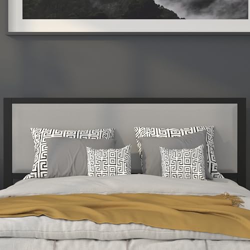 EMMA + OLIVER Queen Size Light Gray Fabric Upholstered Panel Headboard with Metal Surround and Legs - Attaches to Standard Bed Frames