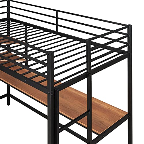 BOVZA Twin Size Metal Loft Bed with Desk and 2 Shelves, Space-Saving, Metal Bed Frame for Kids, Teens, Adults, Black