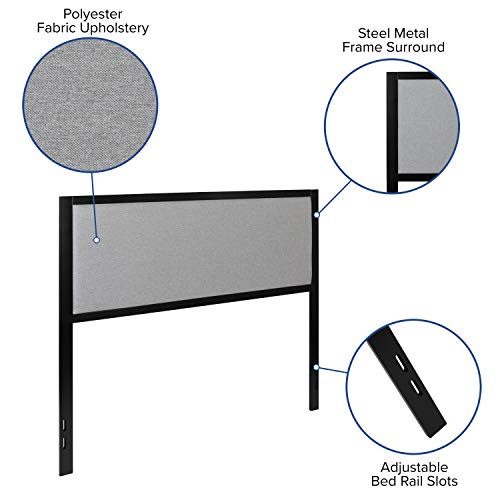EMMA + OLIVER Queen Size Light Gray Fabric Upholstered Panel Headboard with Metal Surround and Legs - Attaches to Standard Bed Frames