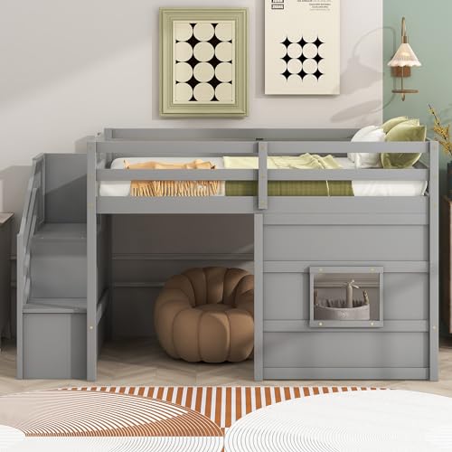 WOXYX Twin Size Loft Bed,Wood Beds Frame with Storage Staircase and Window,Grey