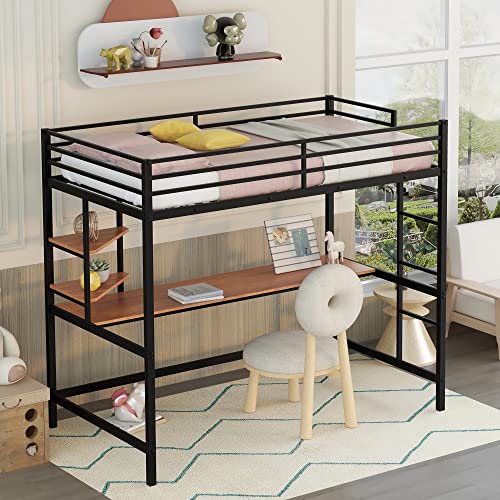 BOVZA Twin Size Metal Loft Bed with Desk and 2 Shelves, Space-Saving, Metal Bed Frame for Kids, Teens, Adults, Black