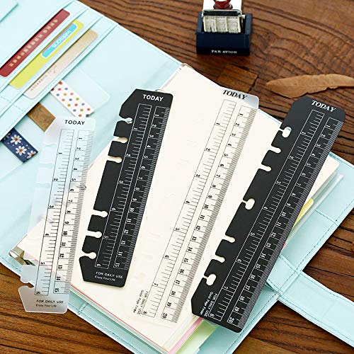 JKJF 4 Pcs Plastic Page Marker Snap-in Bookmark Ruler Binder Ruler for A5 Size 6-Hole Notebook Filler - Clear and Black