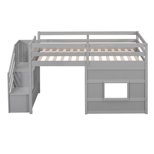 WOXYX Twin Size Loft Bed,Wood Beds Frame with Storage Staircase and Window,Grey