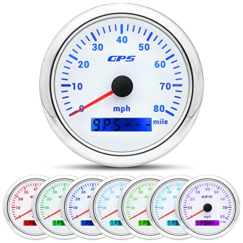ARTILAURA GPS Speedometer Car Boat GPS Speedometer 85mm 3-3/8" 7 Color 80MPH Waterproof Gauge 9-32V for AUTO Motorcycle Marine Truck (White)